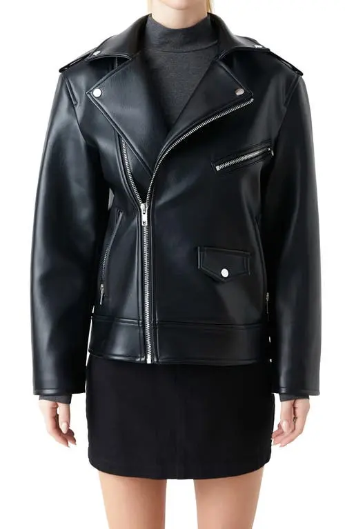 GREY LAB Padded Shoulder Faux Leather Biker Jacket - Black