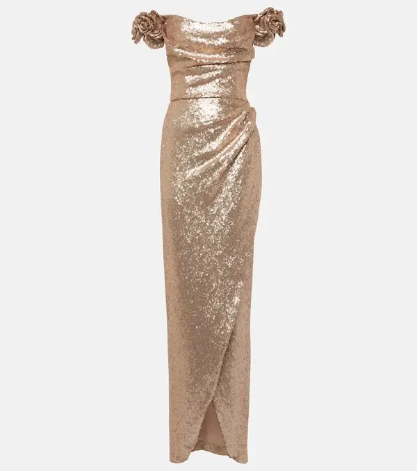 Costarellos Vespera Off-Shoulder Sequin Gown In Gold - 40% Off |  Editorialist