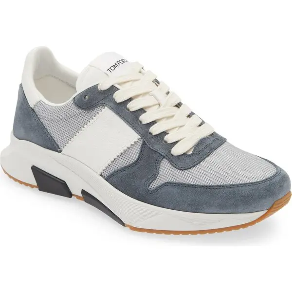 Tom Ford Jagga Mixed Media Low Top Sneaker In Silver/Petrol Blue