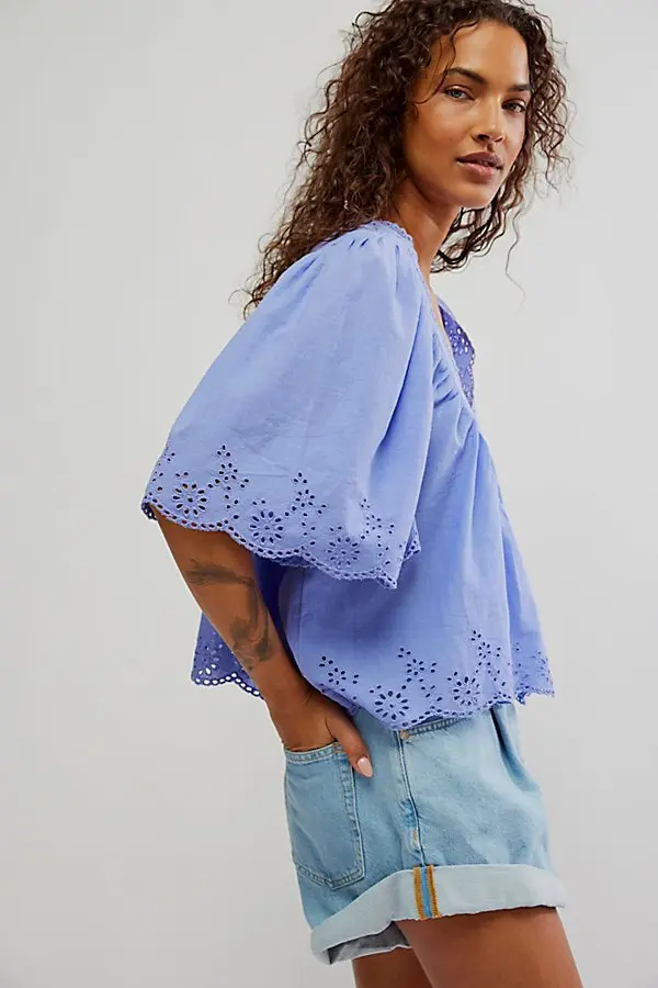 Free People Costa Eyelet Top - Periwinkle | Editorialist