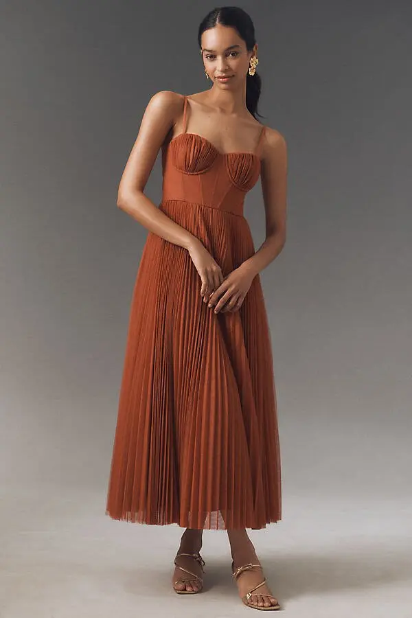 HUTCH Amara Corset Pleated Tulle Midi Dress - New Bronze