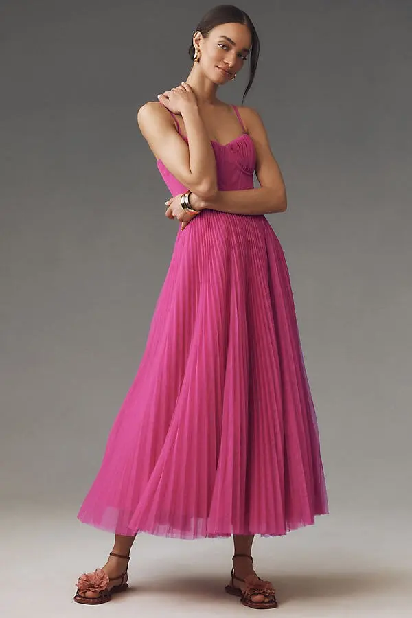 knee length dresses for ladies Bustier Pleated Tulle Fit & Flare Midi Dress