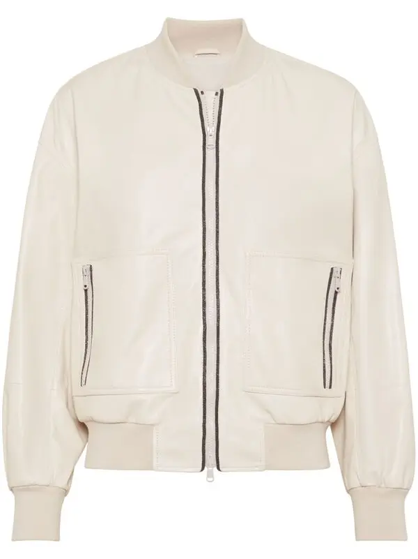 Brunello Cucinelli Monili Bead-embellished Leather Jacket - Neutrals
