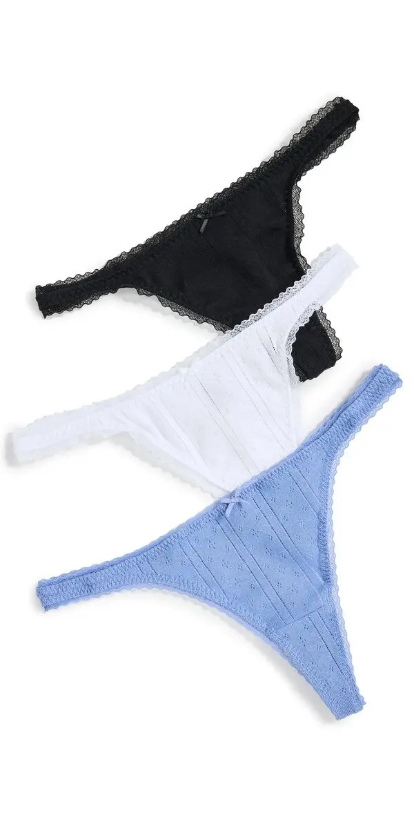COUCOU Pointelle Thong 3 Pack - Black/white/blue
