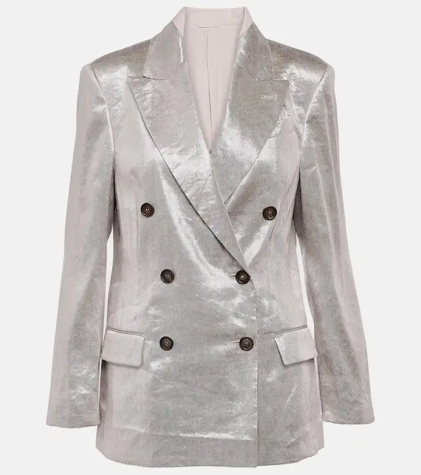 Brunello Cucinelli Double-breasted Metallic Linen-blend Blazer - Silver
