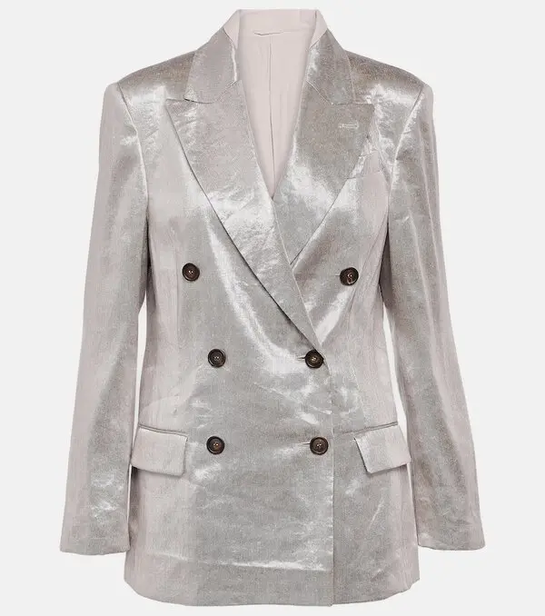 Brunello Cucinelli Double-breasted Metallic Linen-blend Blazer - Silver