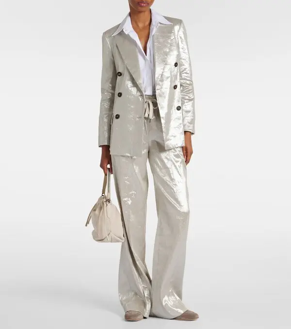 Brunello Cucinelli Double-breasted Metallic Linen-blend Blazer