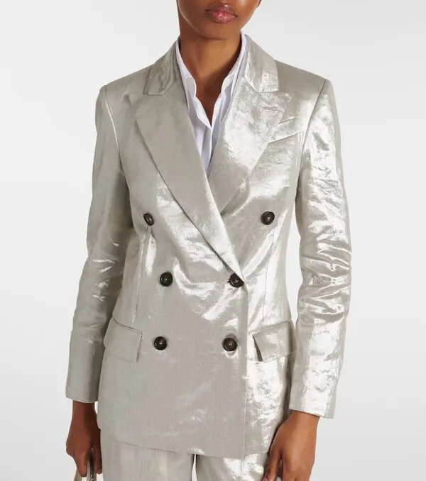 Brunello Cucinelli Double-breasted Metallic Linen-blend Blazer