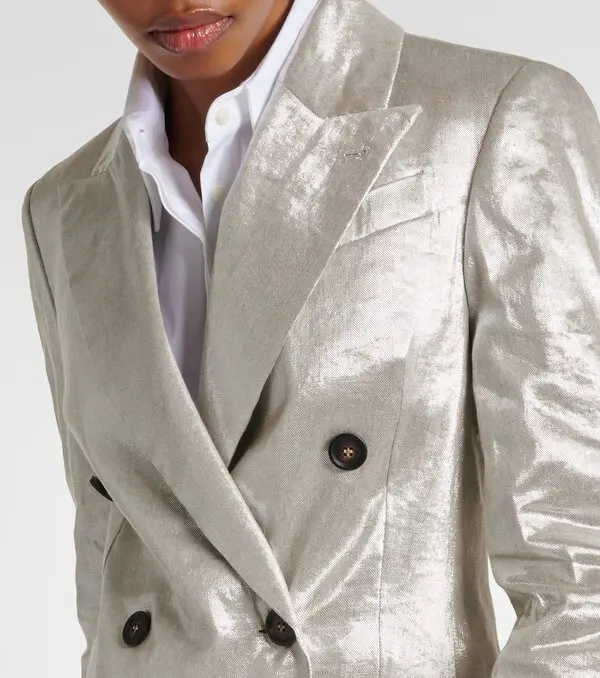 Brunello Cucinelli Double-breasted Metallic Linen-blend Blazer