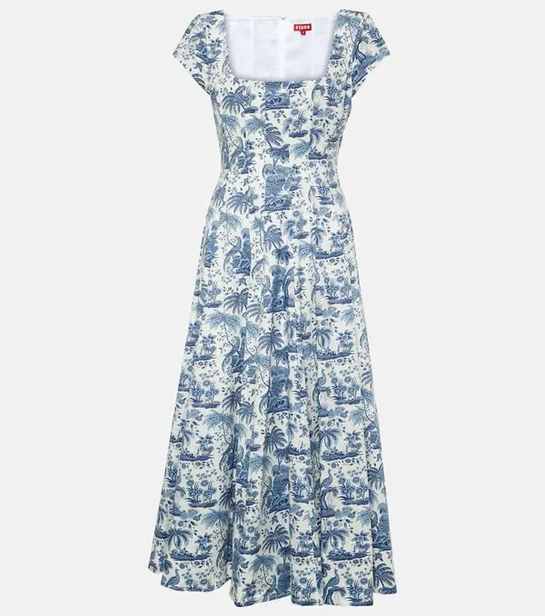 Staud Wells Floral Cotton Midi Dress - Blue