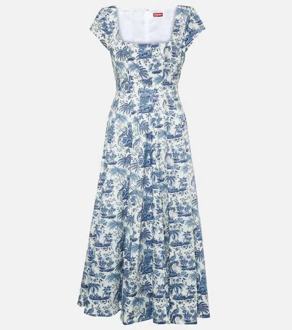 Staud Wells Floral Cotton Midi Dress - Blue