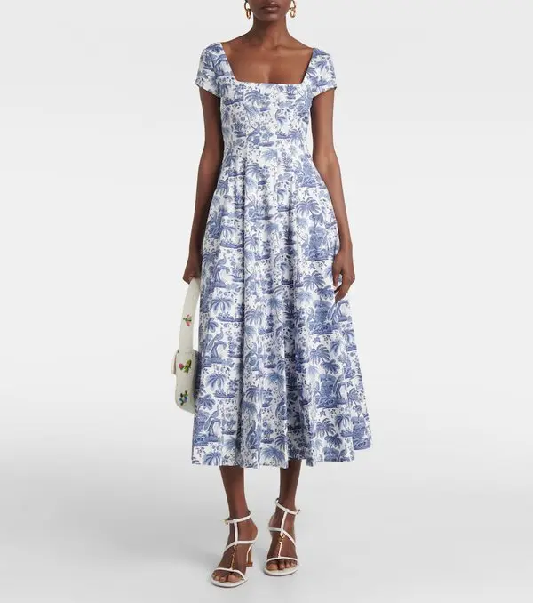 Staud Wells Floral Cotton Midi Dress - Blue