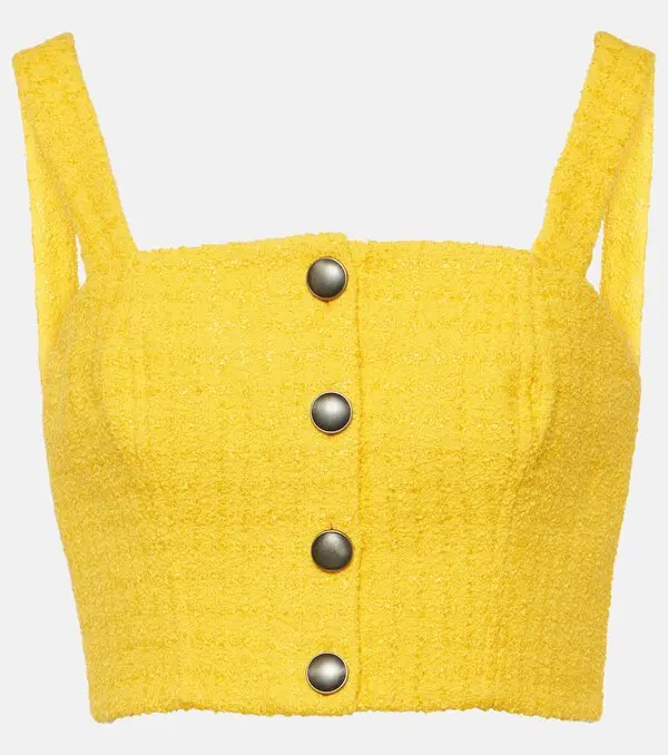 Alessandra Rich Embellished Tweed Crop Top - Yellow