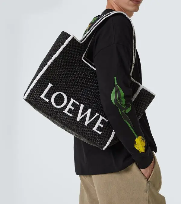 Loewe Logo Large Raffia Shopper - Black