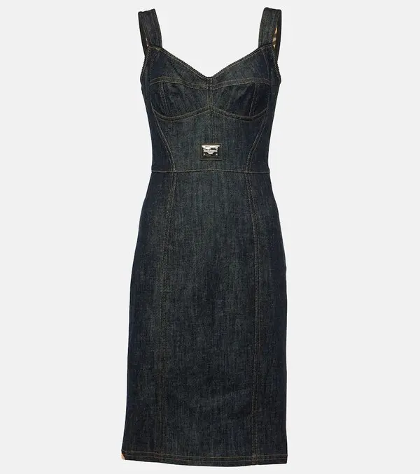 Dolce & Gabbana Logo Embroidered Denim Midi Dress - Blue