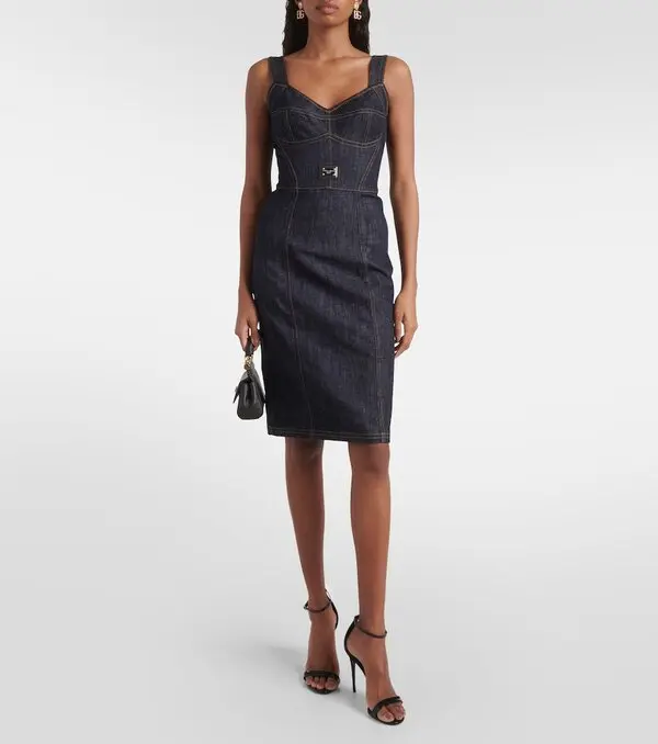 Dolce & Gabbana Logo Embroidered Denim Midi Dress