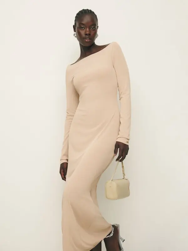 reformation beige dress Larissa Satin Maxi Dress With Ruched Petals - Blush Gold main image 1