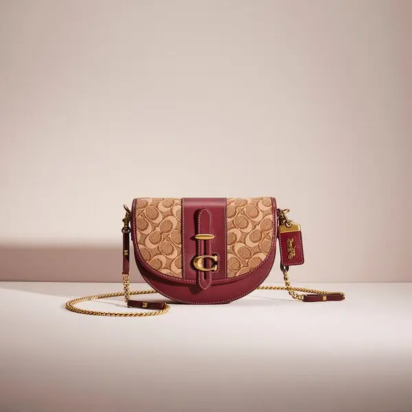 Coach Restored Saddle 20 In Signature Jacquard Brass/Tan/Scarlet