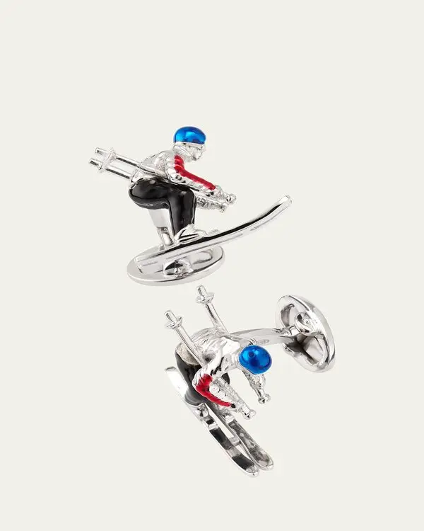 JAN LESLIE Sterling Silver Enamel Moving Skier Cufflinks - One-color