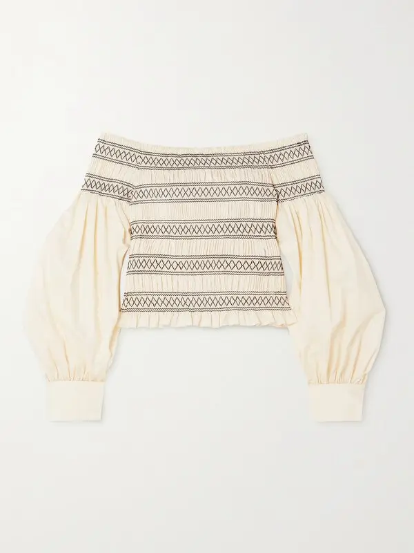 Max Mara Walk Off-the-shoulder Smocked Top - Neutrals