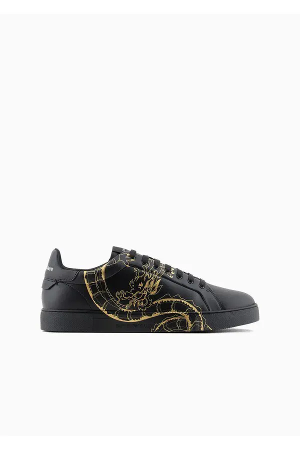 Emporio Armani Men Dragon-Print Leather Sneakers In Black 40