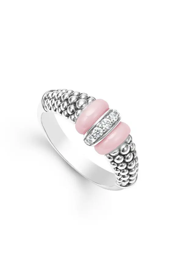 Lagos Caviar Small Sterling Silver & Ceramic Diamond Ring - Pink