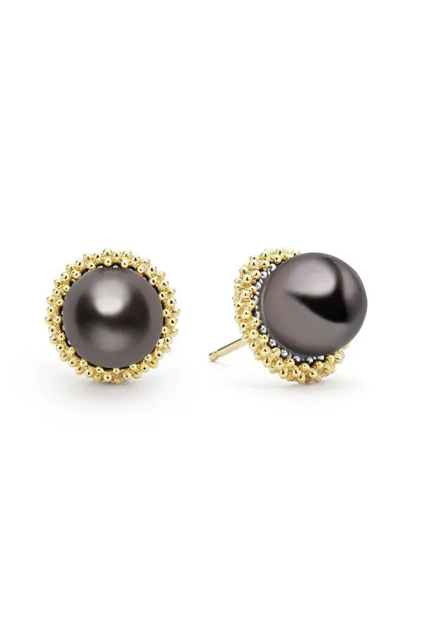 Lagos Luna Tahitian Black Pearl Stud Earrings - Gold