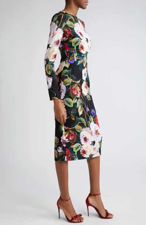 Dolce & Gabbana Floral Print Long Sleeve Charmeuse Sheath Dress - Nero