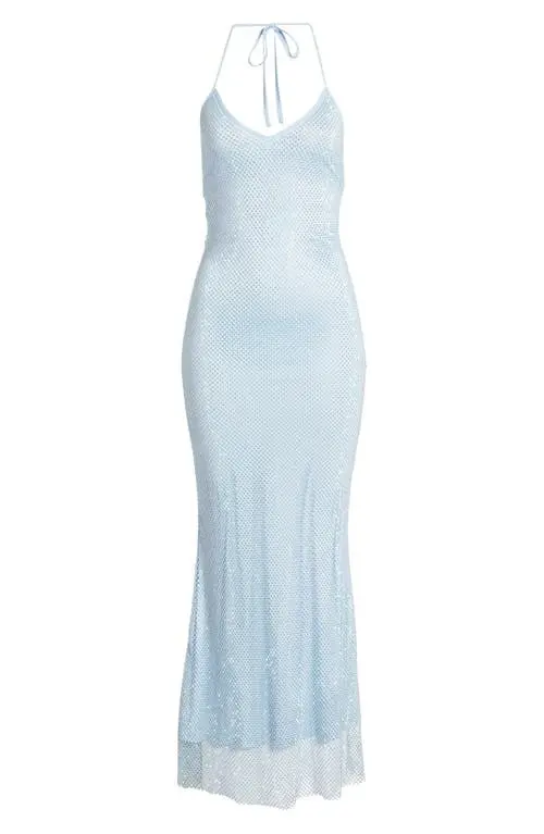 RARE LONDON Diamante Mesh Halter Neck Gown
