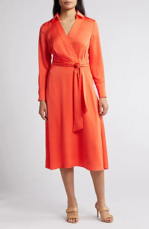 TAHARI ASL Long Sleeve Wrap Front Midi Shirt Dress