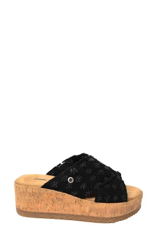 Minnetonka Posey Platform Wedge Slide Sandal - Black Distressed Denim