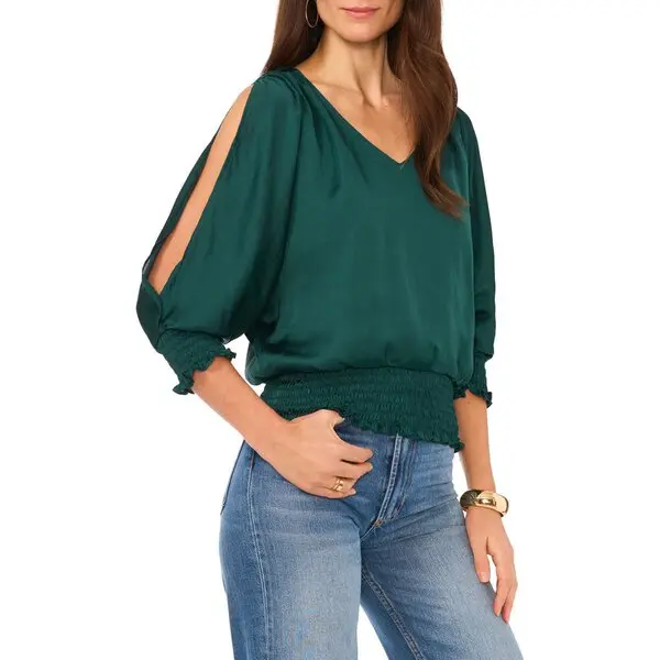 Vince Camuto Smocked Cold Shoulder Satin Top