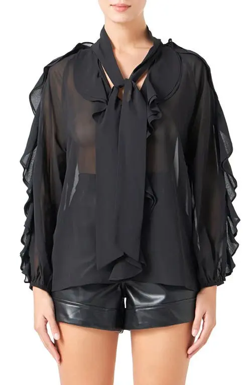 Endless Rose Sheer Ruffle Tie Shirt