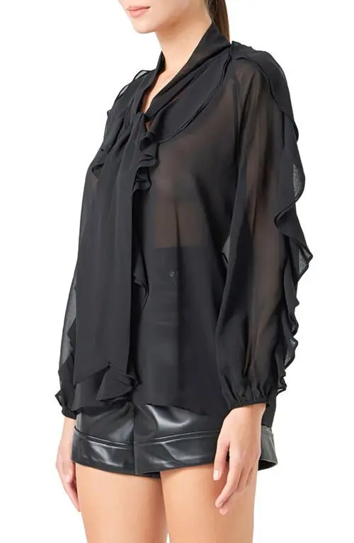 Endless Rose Sheer Ruffle Tie Shirt