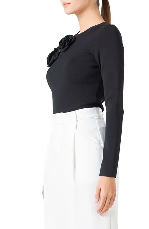 Endless Rose One-shoulder Rib Top - Black