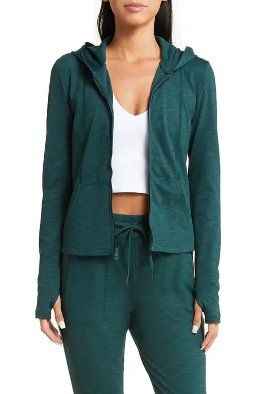 Beyond Yoga Heather Rib Zip-up Hooded Jacket - Midnight Green Heather Rib