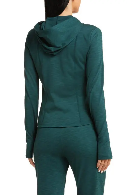 Beyond Yoga Heather Rib Zip-up Hooded Jacket - Midnight Green Heather Rib