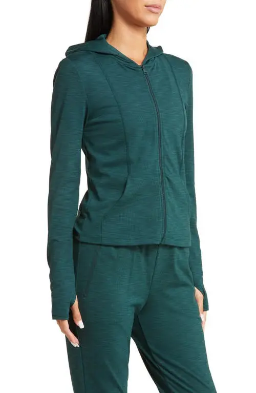 Beyond Yoga Heather Rib Zip-up Hooded Jacket - Midnight Green Heather Rib