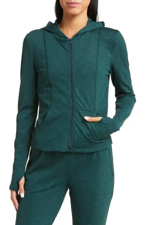 Beyond Yoga Heather Rib Zip-up Hooded Jacket - Midnight Green Heather Rib