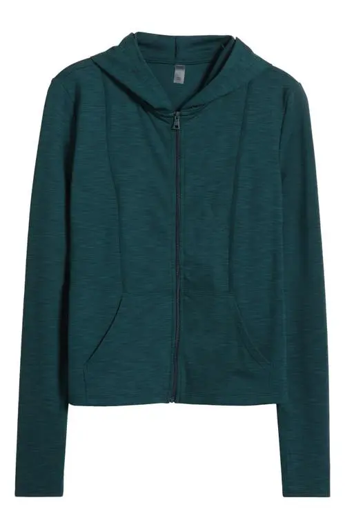 Beyond Yoga Heather Rib Zip-up Hooded Jacket - Midnight Green Heather Rib