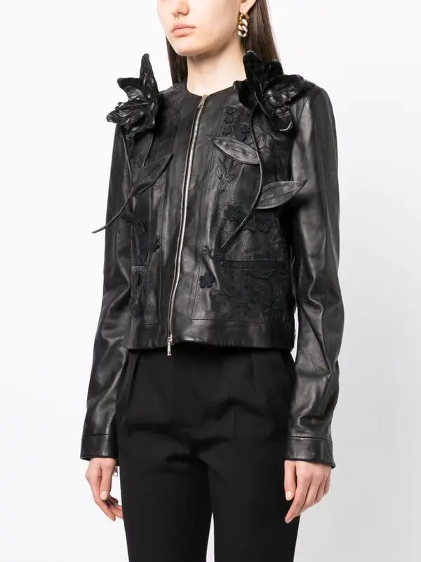 Elie Saab Floral-embroidered Leather Jacket