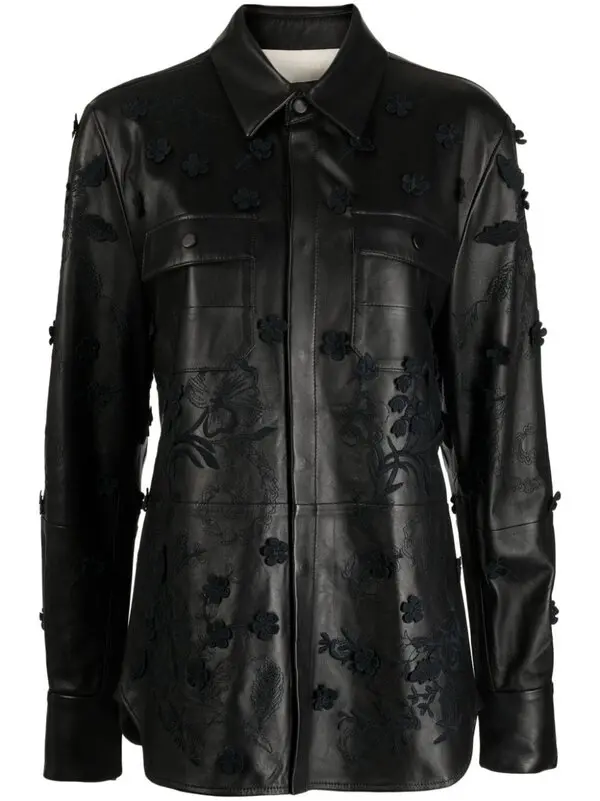 Elie Saab Floral-embroidered Leather Shirt Jacket