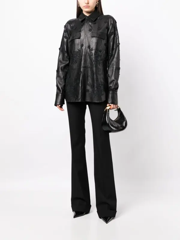 Elie Saab Floral-embroidered Leather Shirt Jacket