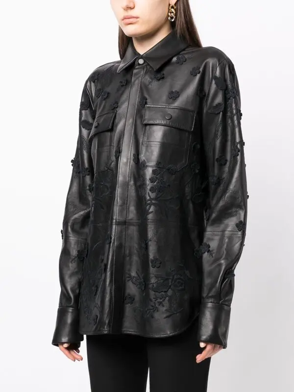 Elie Saab Floral-embroidered Leather Shirt Jacket