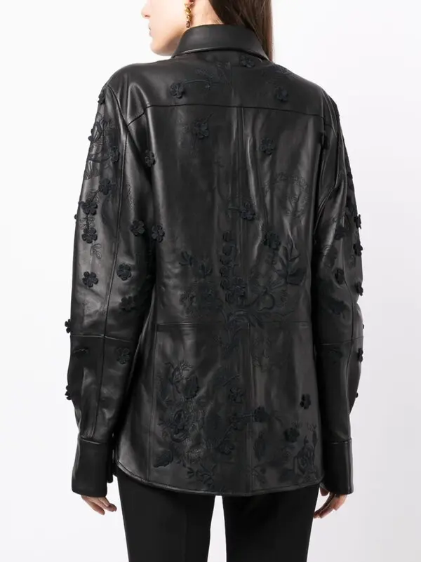 Elie Saab Floral-embroidered Leather Shirt Jacket