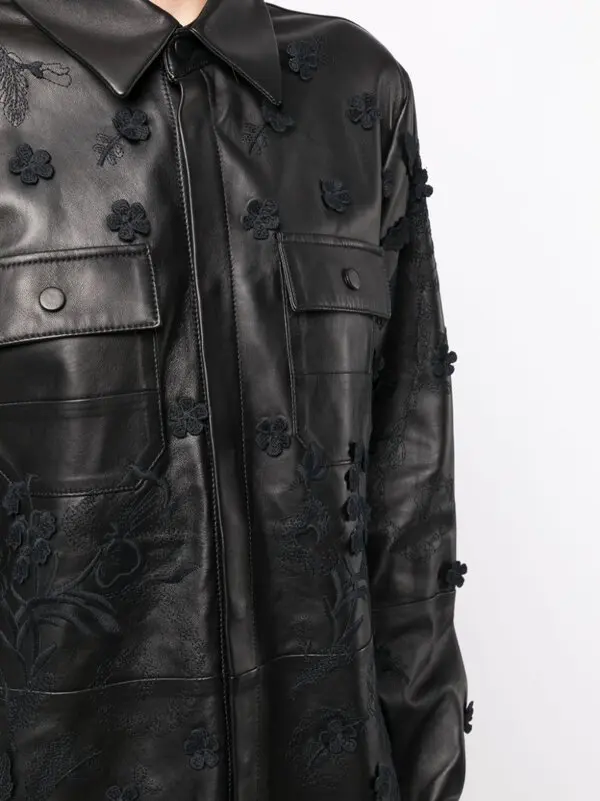 Elie Saab Floral-embroidered Leather Shirt Jacket