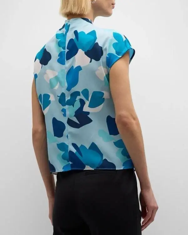 Emporio Armani Pleated Cap-sleeve Abstract-print Blouse - Light Blue