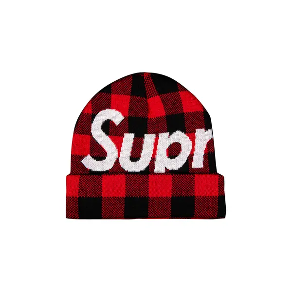 Supreme Big Logo Plaid Beanie - Red