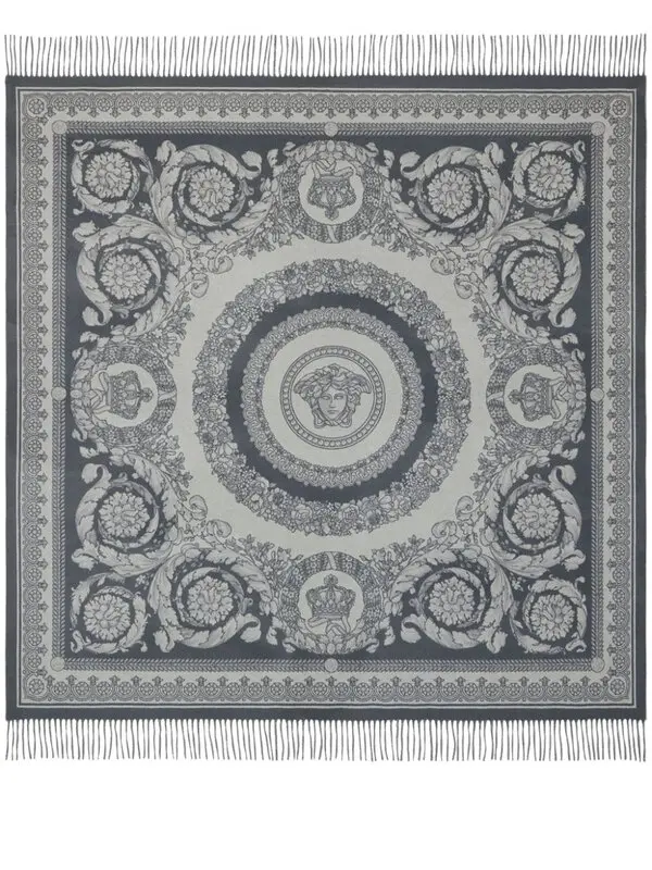 Versace Crete De Fleur-pattern Fringed Blanket - Grey
