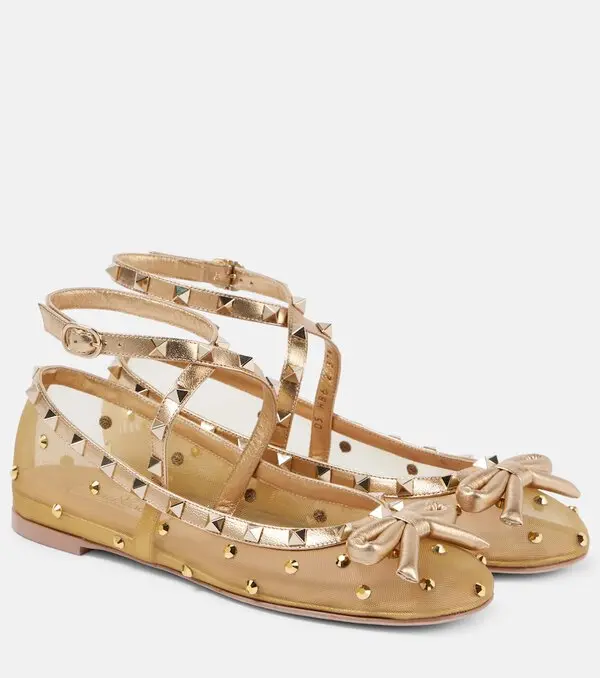 Valentino Garavani Rockstud Embellished Ballet Flats - Gold